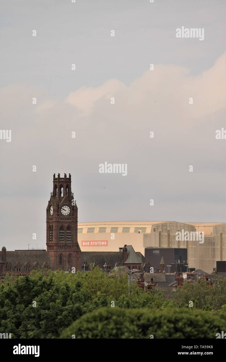 UK Barrow In Furness, Cumbria. View towards Barrow Town Hall clock with ...