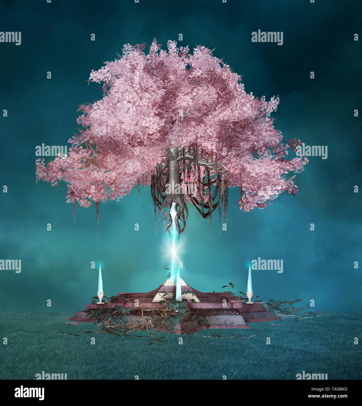 Magic pink tree in the blue night Stock Photo - Alamy