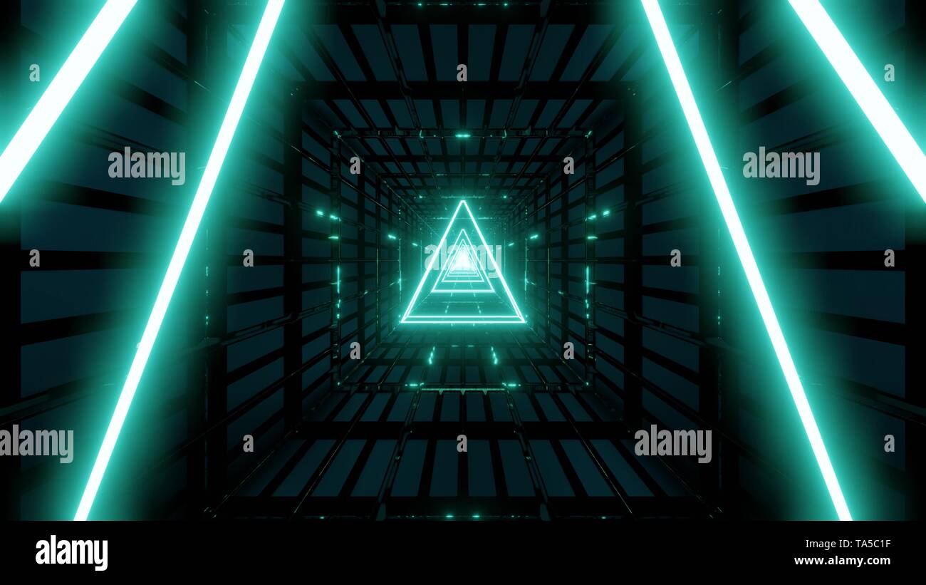 green wireframe in dark tunnel with dark background and reflection on ...