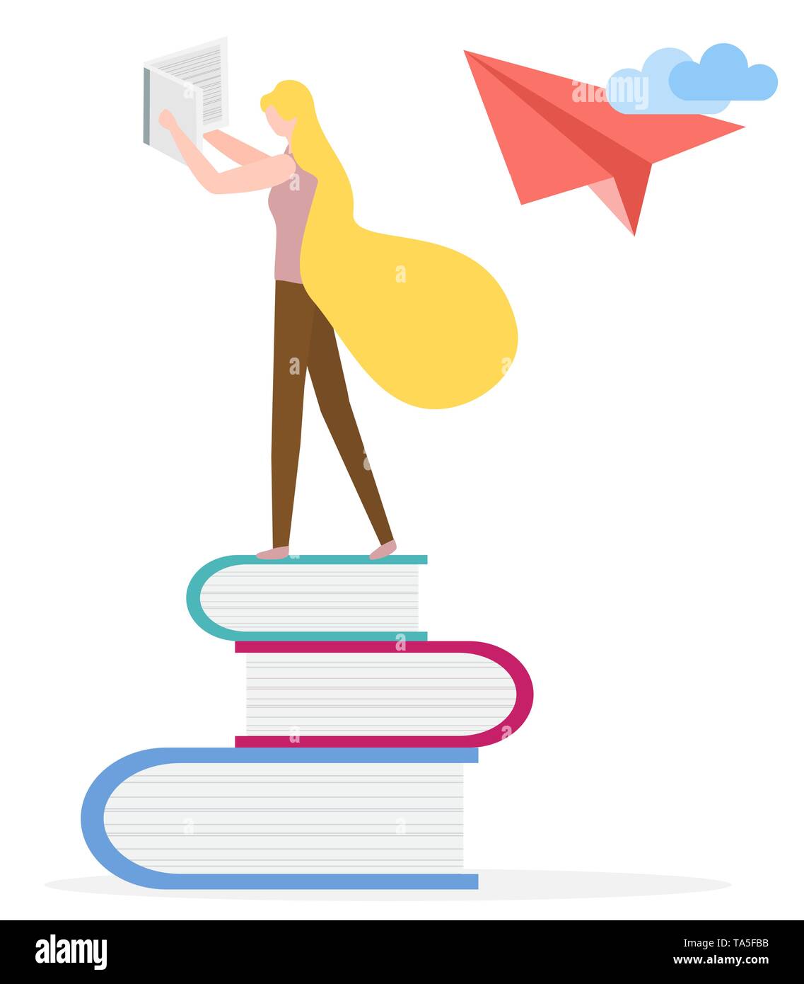 Vector illustration with woman and books. Young female reader, stack of ...