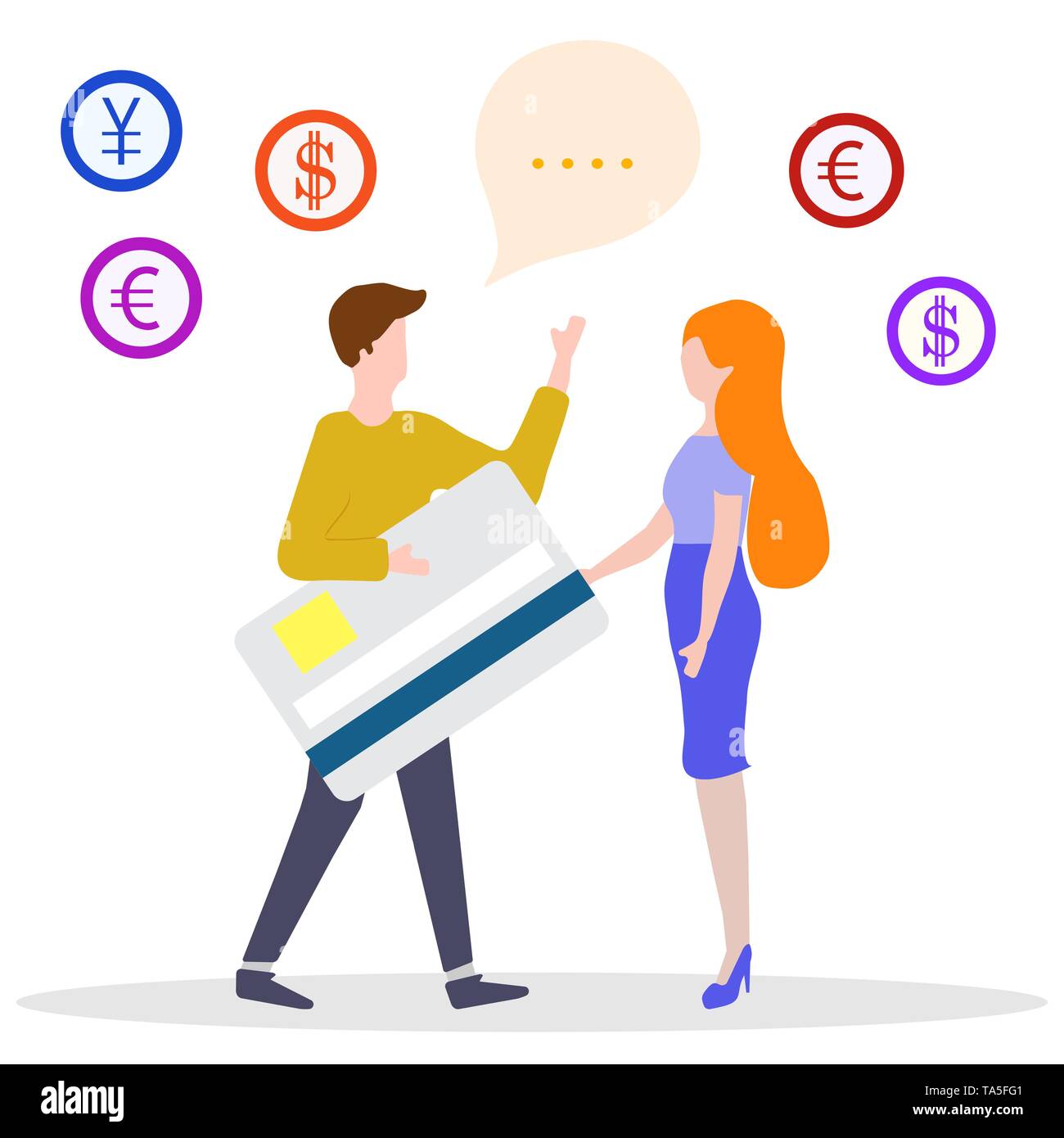 Vector illustration with man with bank card, female assistant helping ...