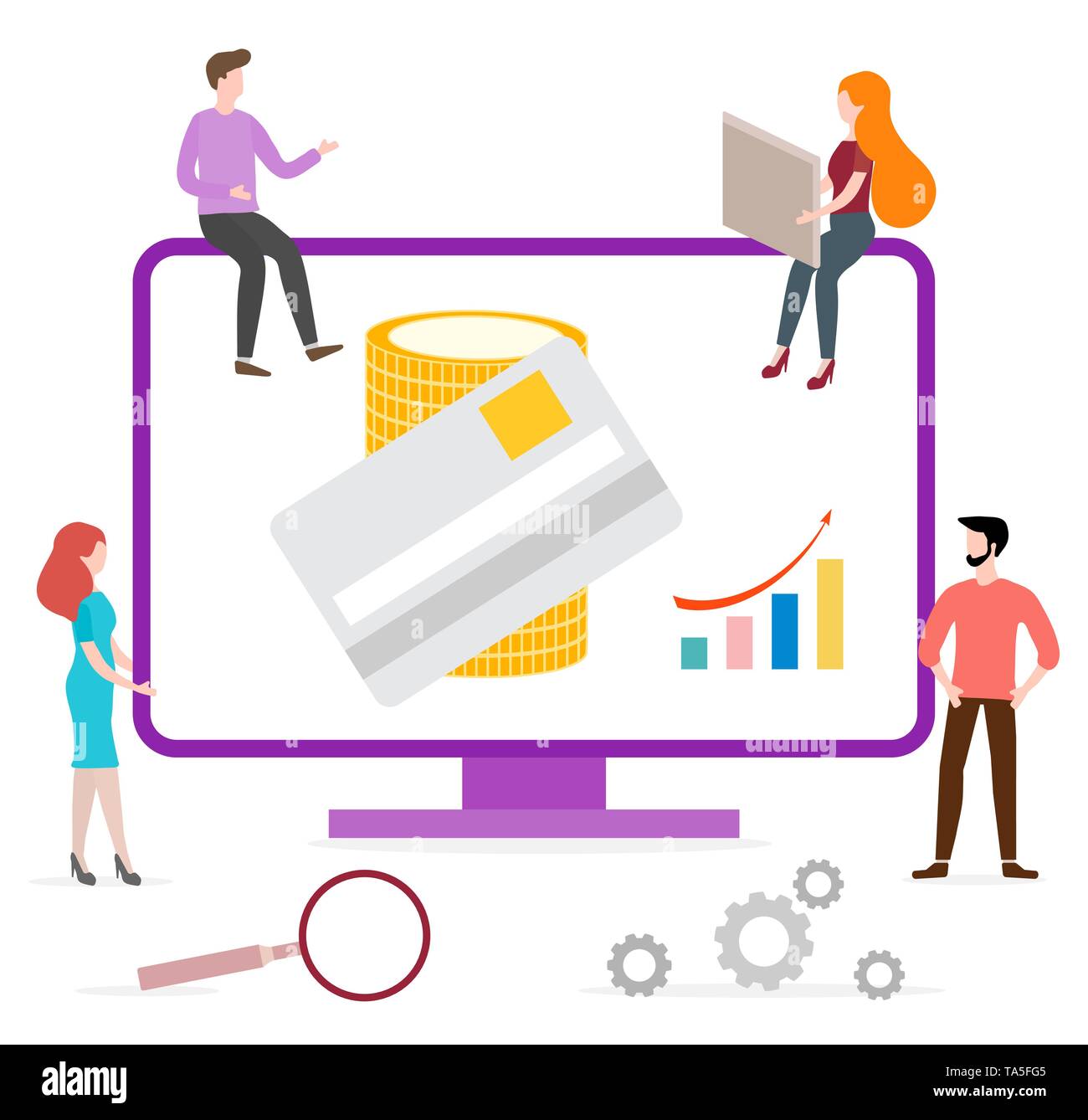 Vector illustration with people using online banking service. Growth of ...