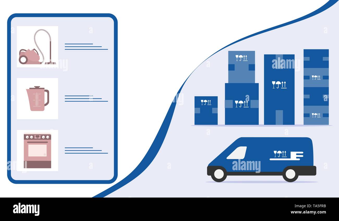 Vector illustration with order goods online. Warehouse, delivery. Cargo ...