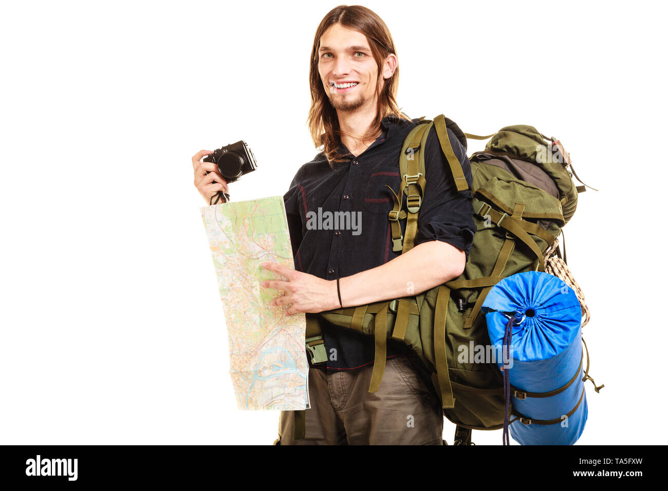 Man tourist backpacker on trip taking photo picture with camera. Young ...