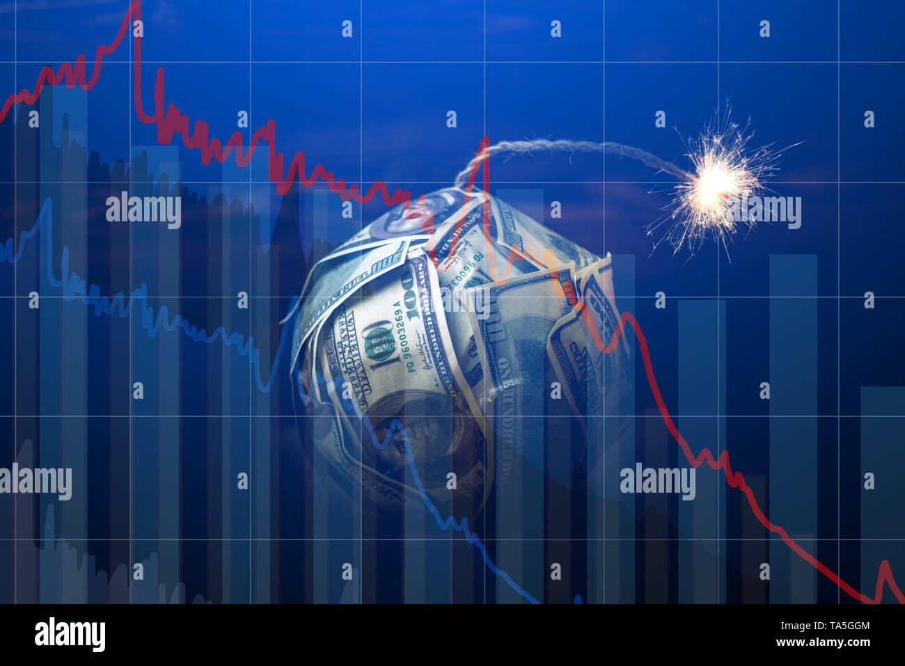 Bomb money like dynamite, hundred-dollar bill with a burning wick with ...