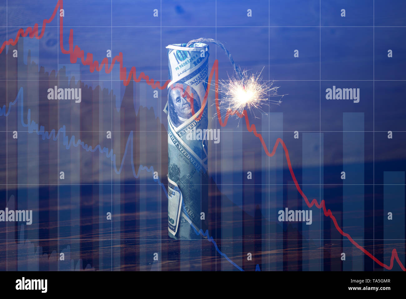 Bomb money like dynamite, hundred-dollar bill with a burning wick with ...