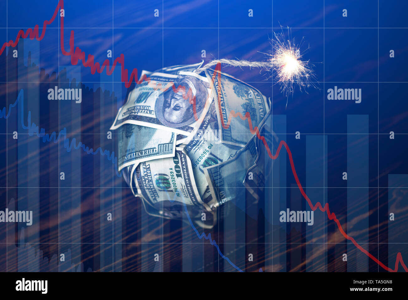 Bomb money like dynamite, hundred-dollar bill with a burning wick with ...