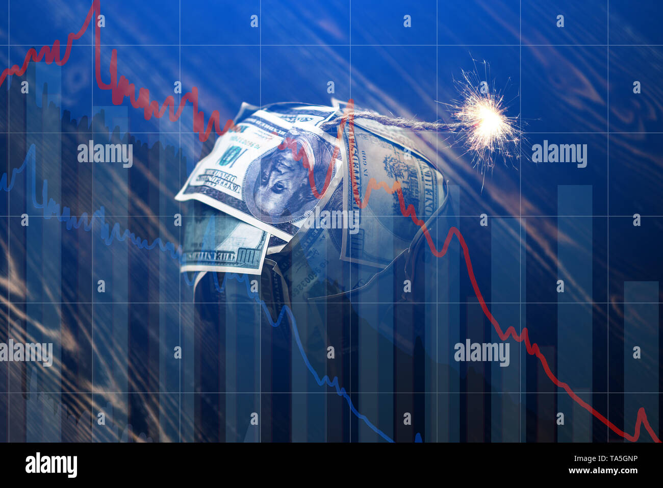 Bomb money like dynamite, hundred-dollar bill with a burning wick with ...