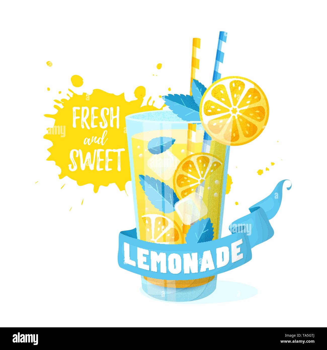 Lemonade vector illustration. Modern banner with glass, ribbon and ...
