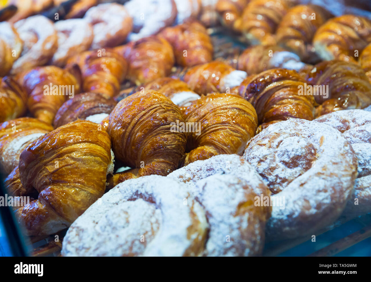 Traditional appetizing french pastries display in European cake shop ...