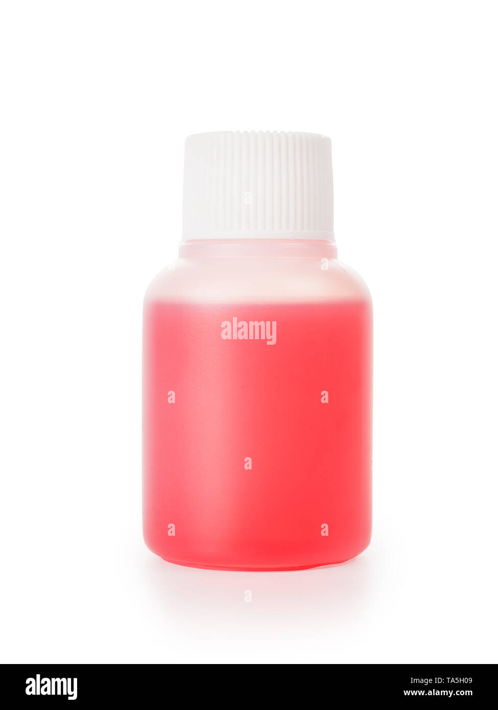 Small white plastic bottle with red liquid. Isolated on white, clipping ...
