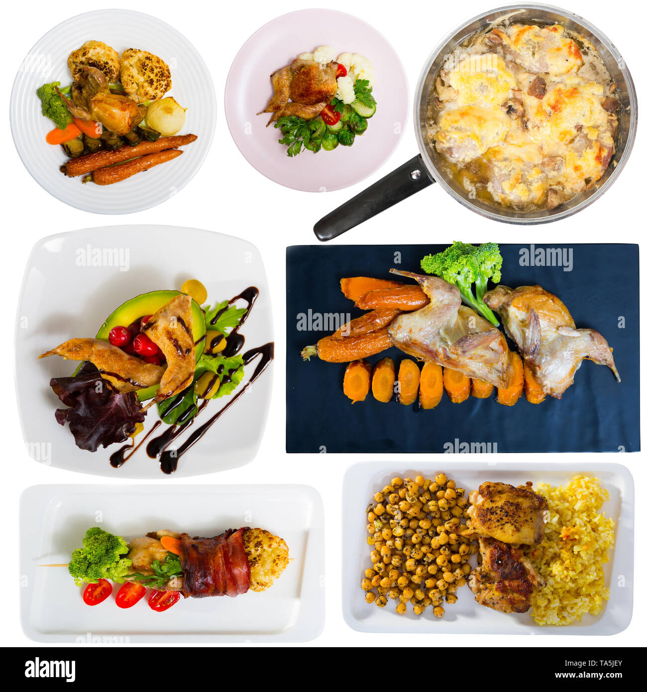 Set of various plates of poultry food isolated on white background ...
