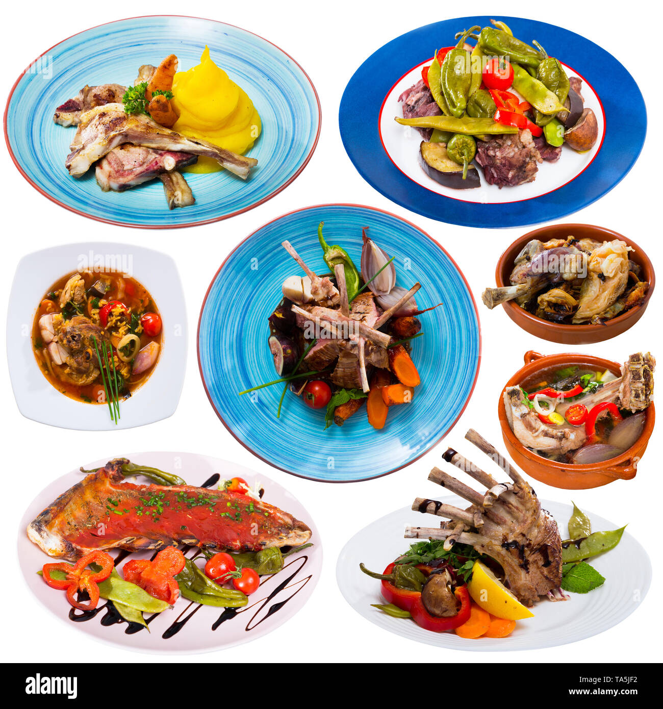 Set of various plates of lamb meat food isolated on white background ...