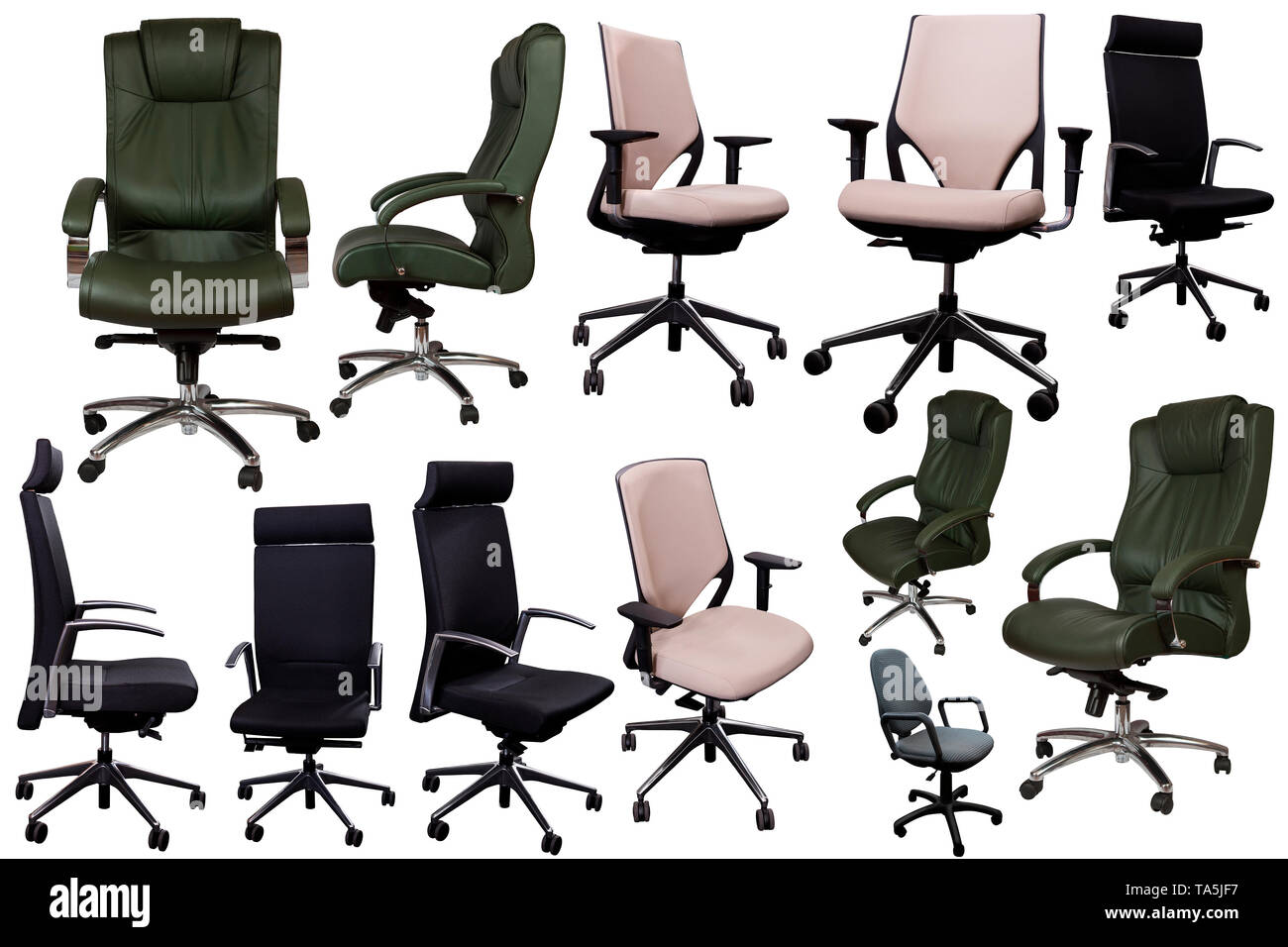 Assorted set of adjustable office chairs isolated on white background ...