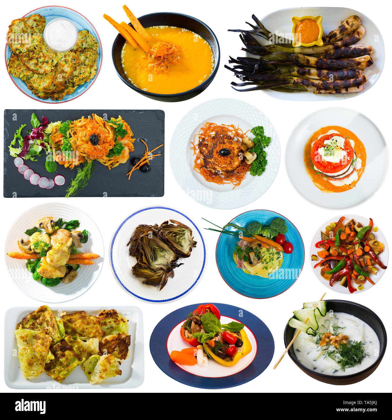 Collection of vegetable meals isolated on white background. Vegetarian ...