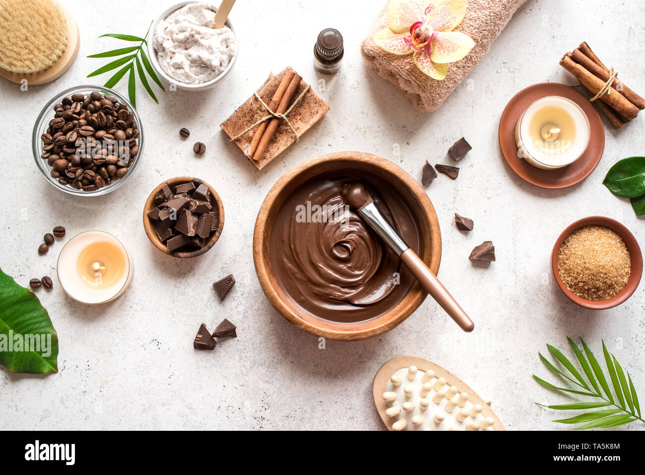 Chocolate and Coffee Spa flat lay on white background, top view ...