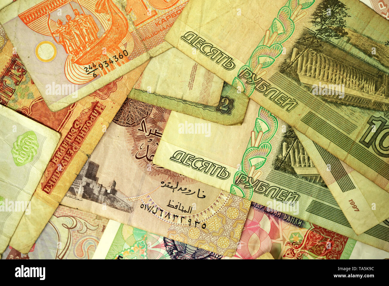 Banknotes and treasury notes of different countries, used, paper money ...