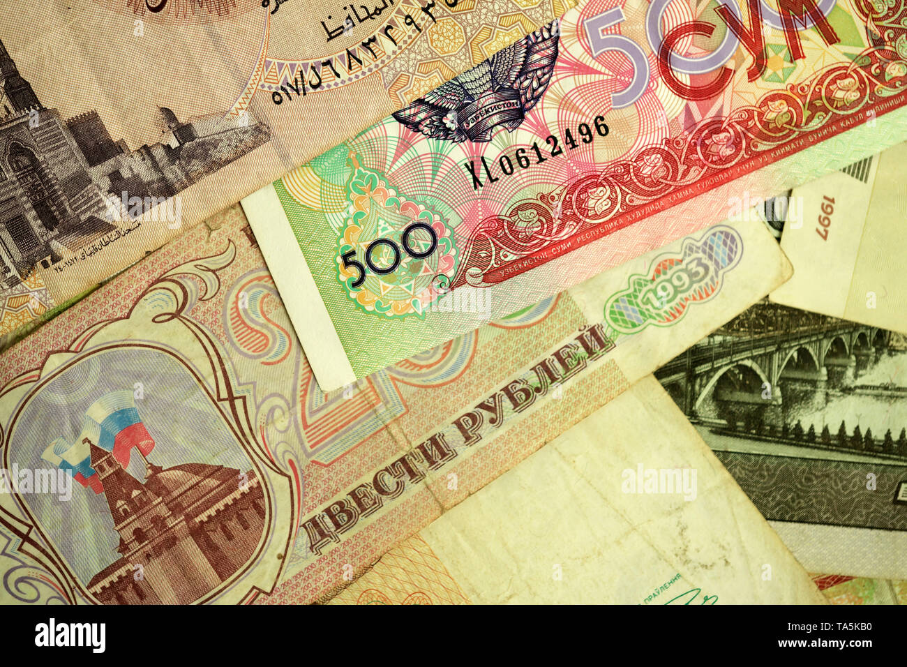 Banknotes and treasury notes of different countries, used, paper money ...