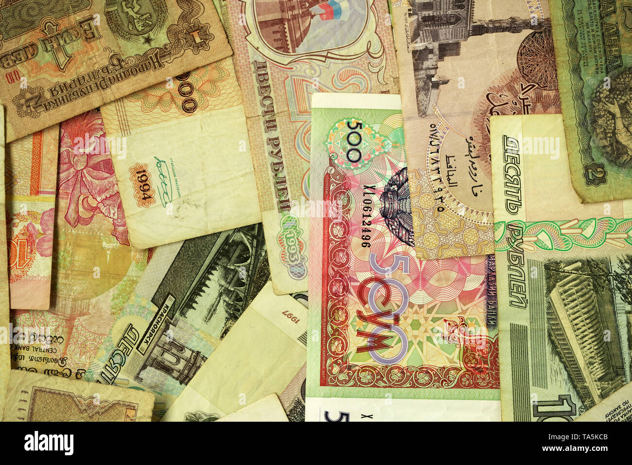 Banknotes and treasury notes of different countries, used, paper money ...