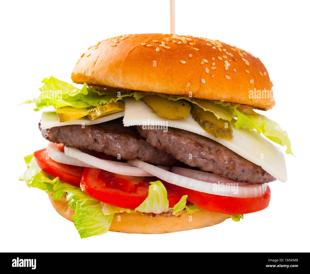 Appetizing double cheeseburger with two grilled beef patties. Isolated ...