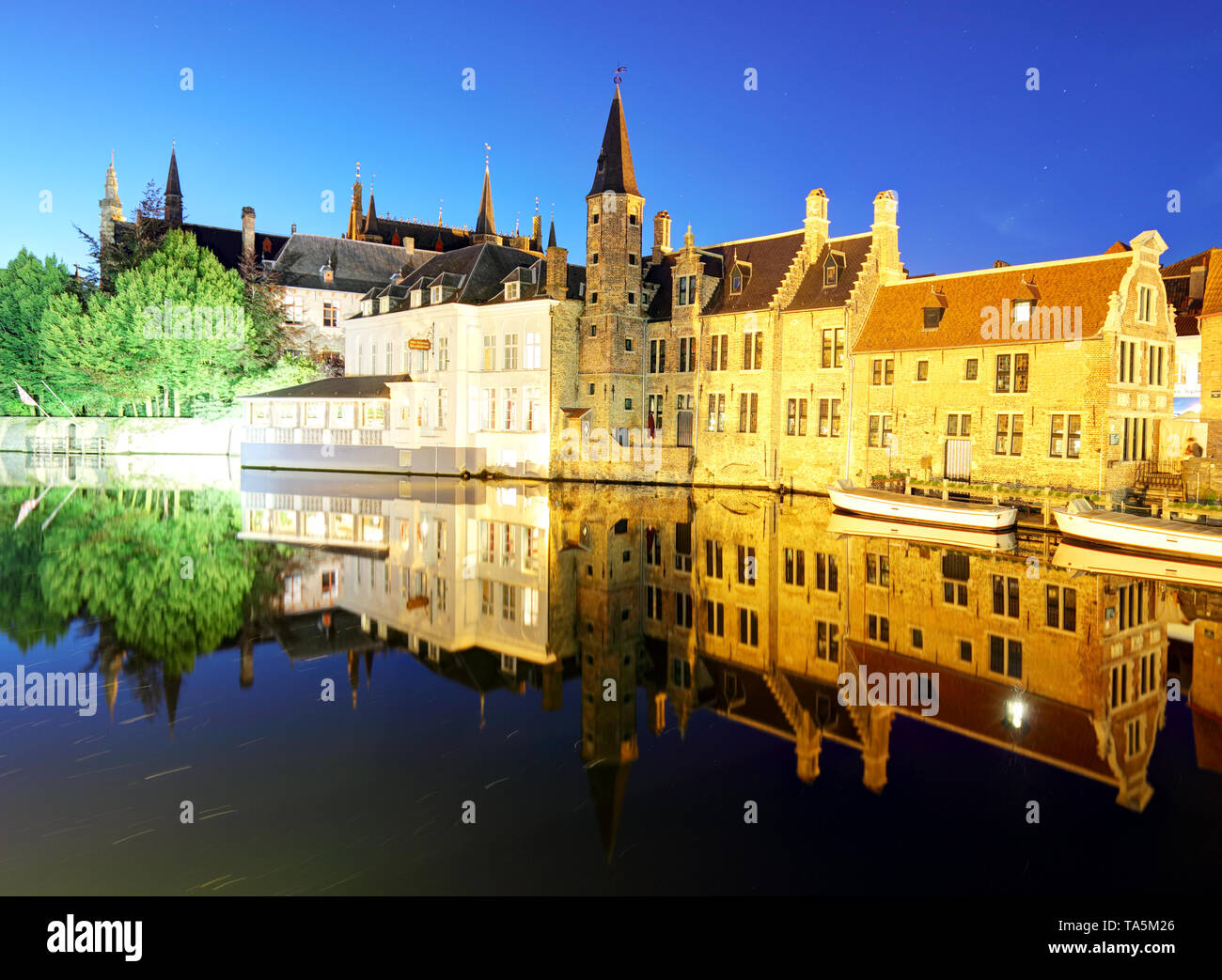 Belgium - Historical centre of Bruges river view. Old Brugge buildings ...