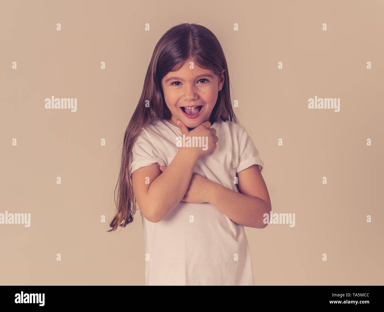 Cute happy, confident, successful, proud little girl smiling at the ...