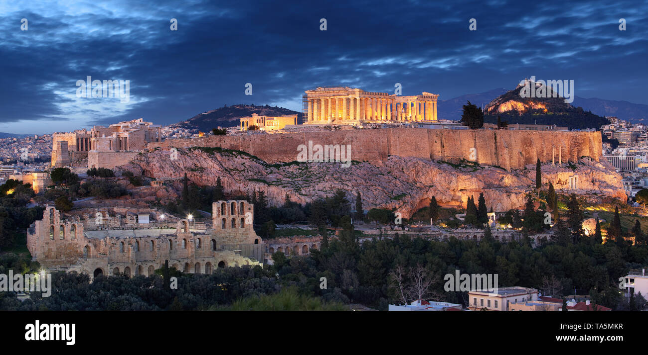 Acropolis hill - Parthenon temple in Athens at night, Greece Stock ...