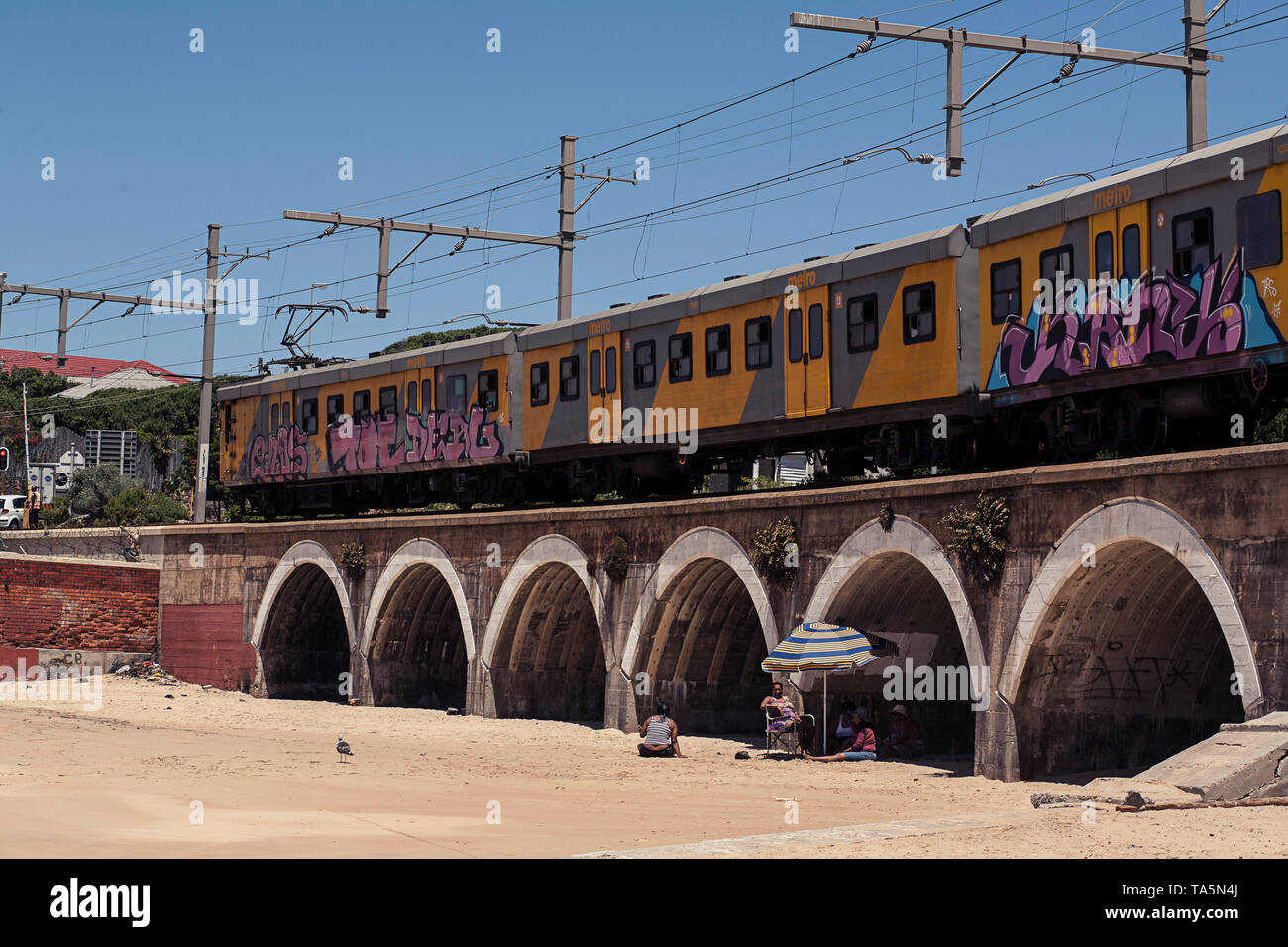 Train passing over bridge with people sitting on public beach Stock ...