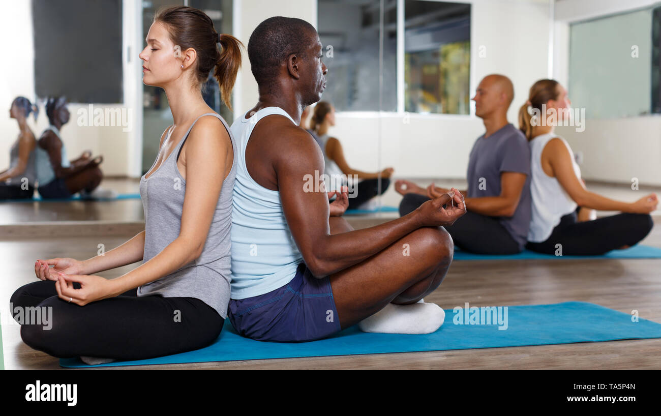 Group of positive people sitting back to back in lotus positions in ...