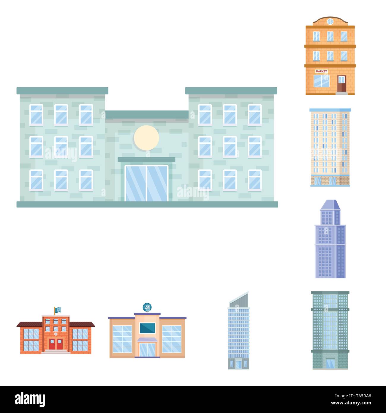 Vector illustration of facade and building logo. Set of facade and ...