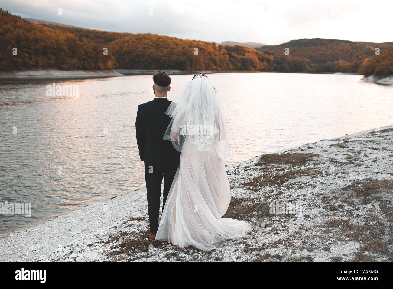 Back view of bride and groom standing together looking forward outdoors ...