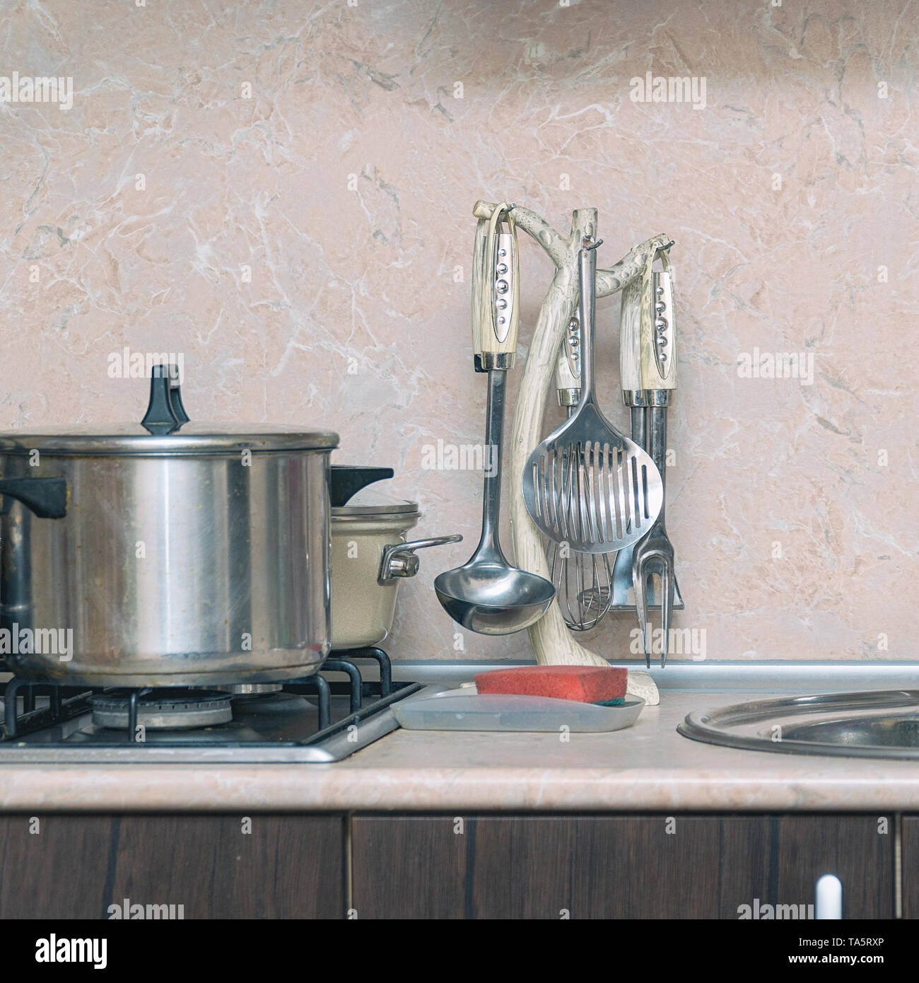 Different Kitchen Utensils - ladle, pan Stock Photo - Alamy