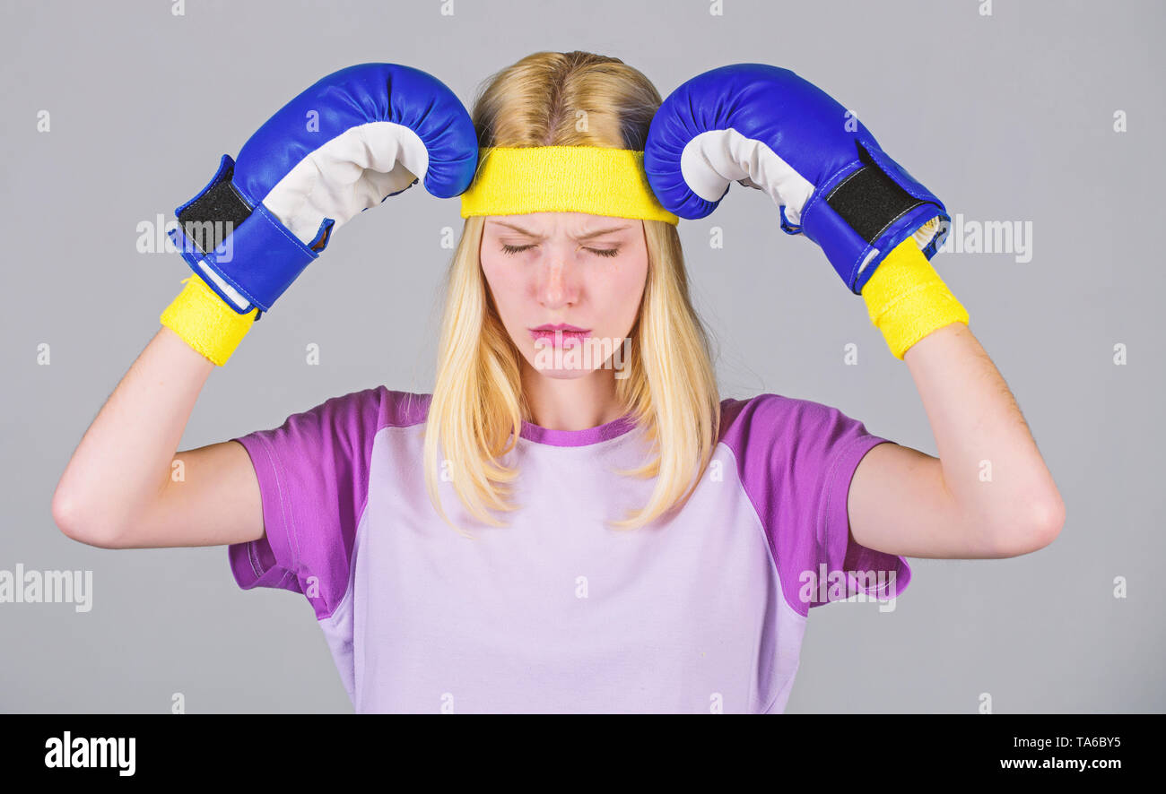 Keep calm and get rid of headache. Beat headache. Girl boxing gloves ...