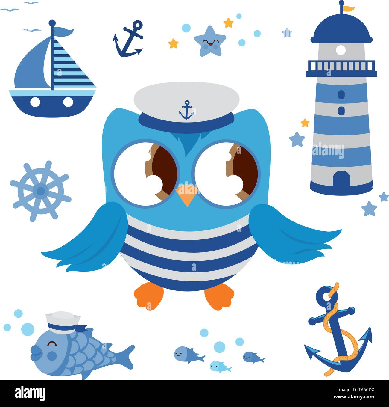 Cute vector nautical set with sailor owl captain bird. Vector ...