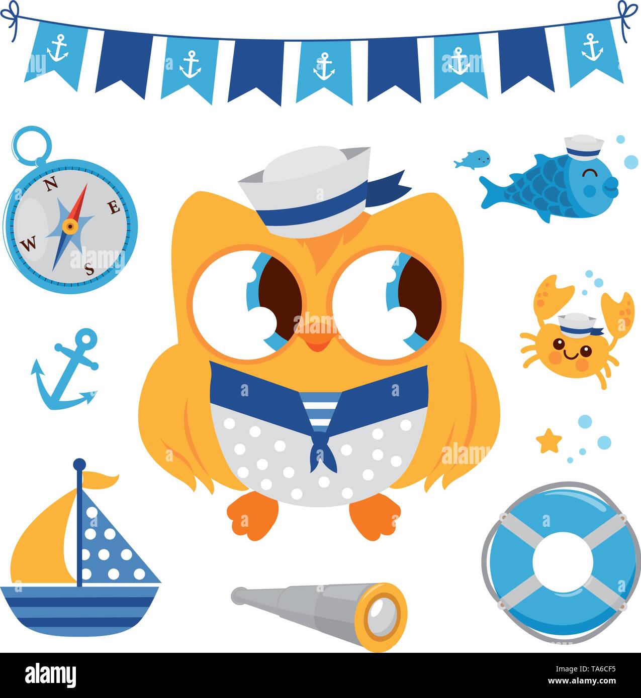Cute vector nautical set with sailor owl bird. Vector illustration ...