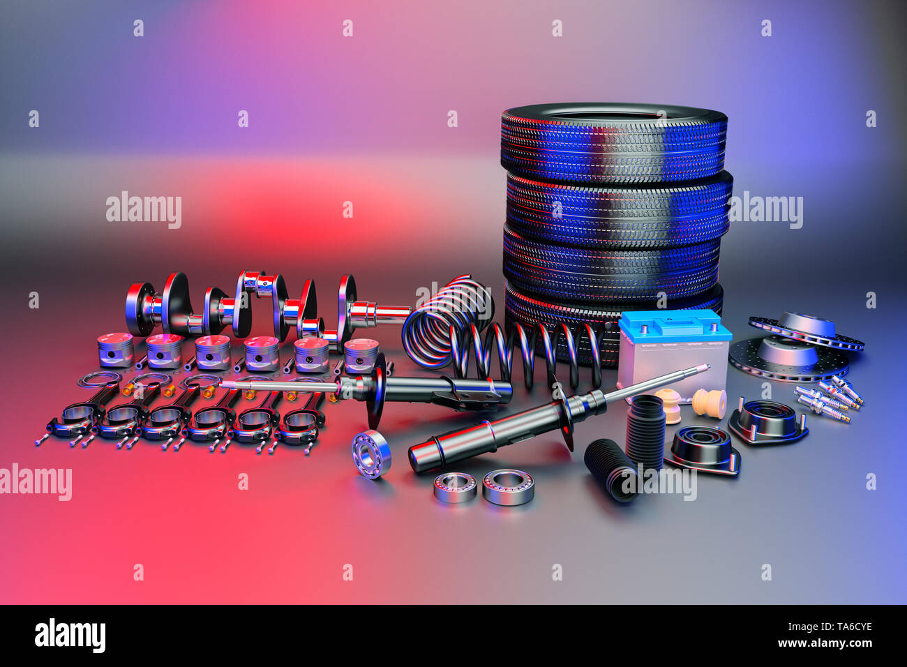 Auto parts spare parts car on the grey background. Set with many new ...