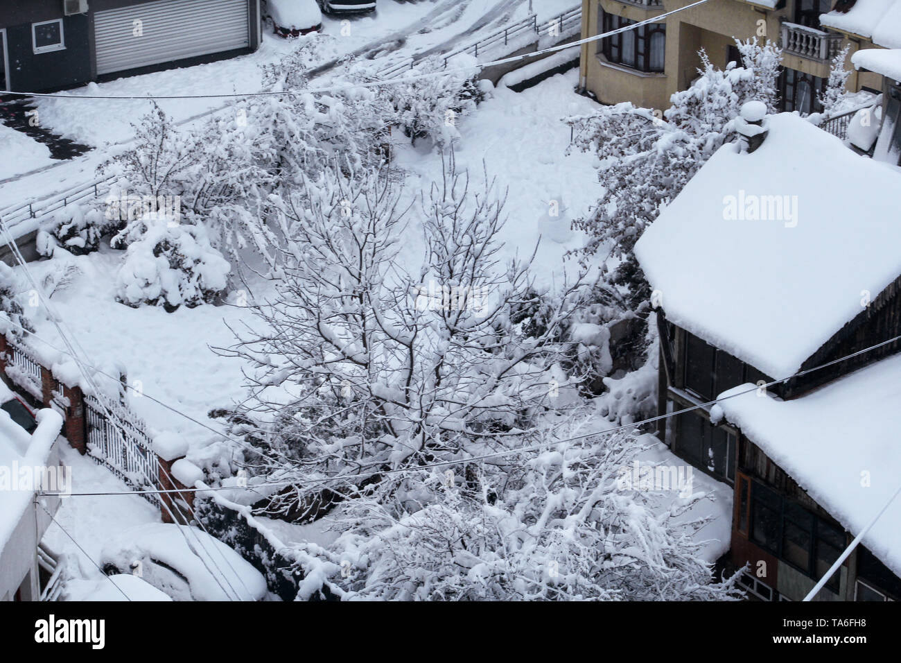 Beautiful winter view of houses and buildings with roofs covered with ...