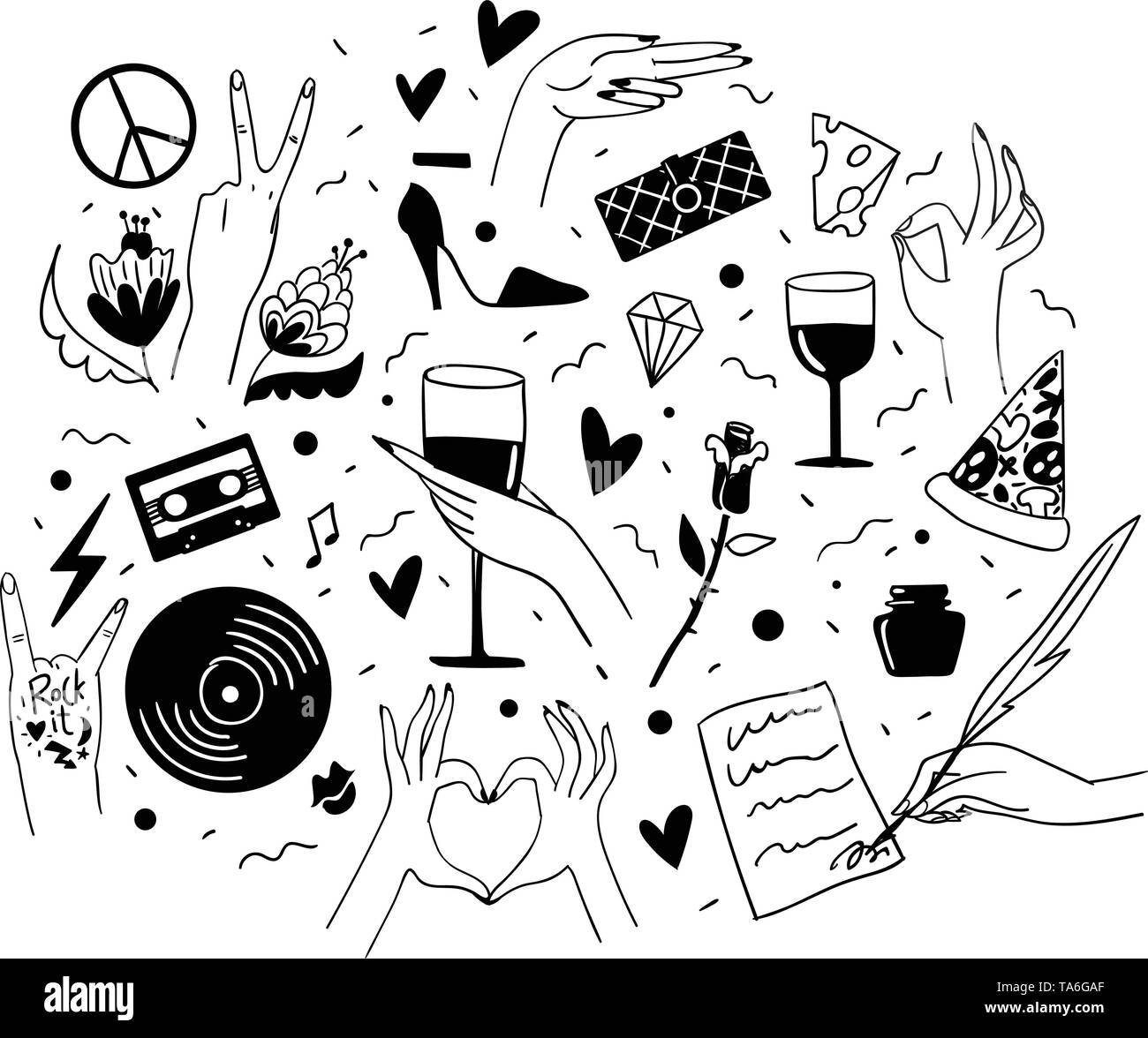 Set of vector black and white designs with avatars and their symbols ...