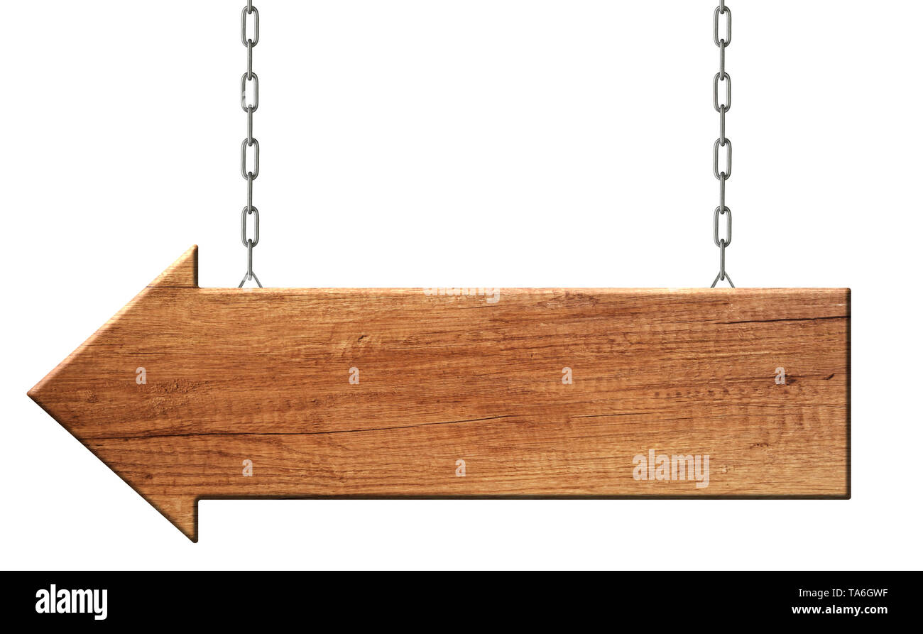 Wooden arrow signpost made of natural wood hanging on chains Stock ...