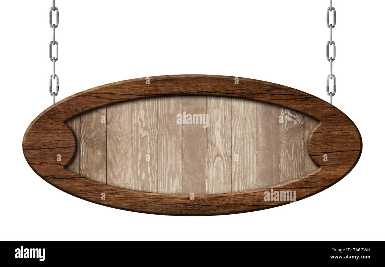 Old oval signpost made of natural wood with brown wooden frame hanging ...