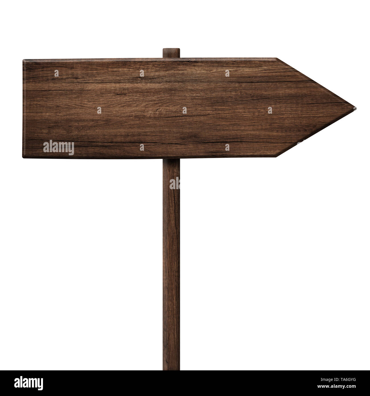 Simple wooden arrow signpost roadsign made of dark wood with single ...