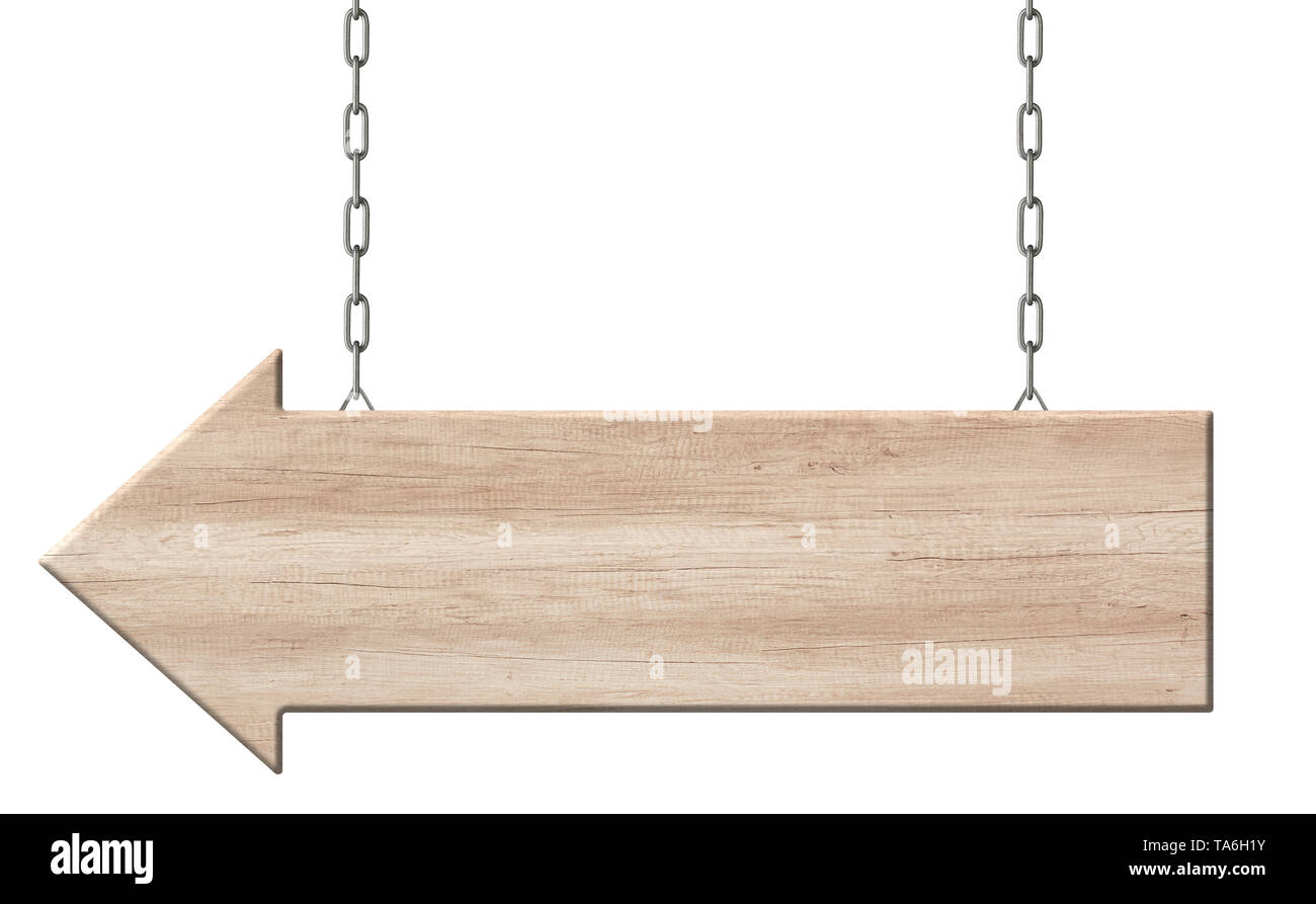 Empty arrow signpost made of light wood hanging on chains. Isolated on ...