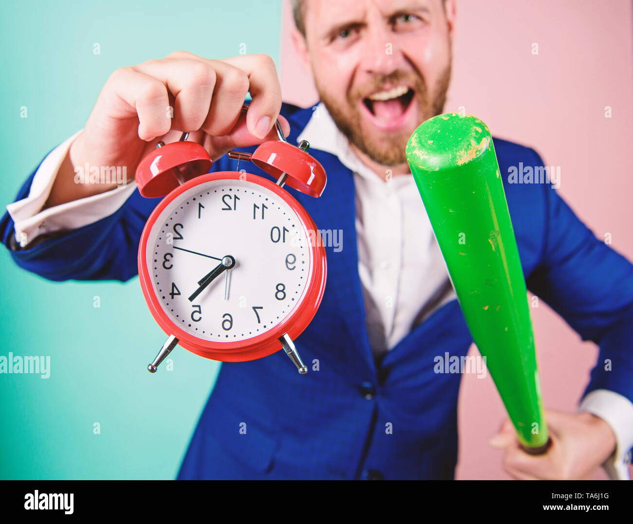 Boss Aggressive Face Hold Alarm Clock And Baseball Bat Man Suit Hold