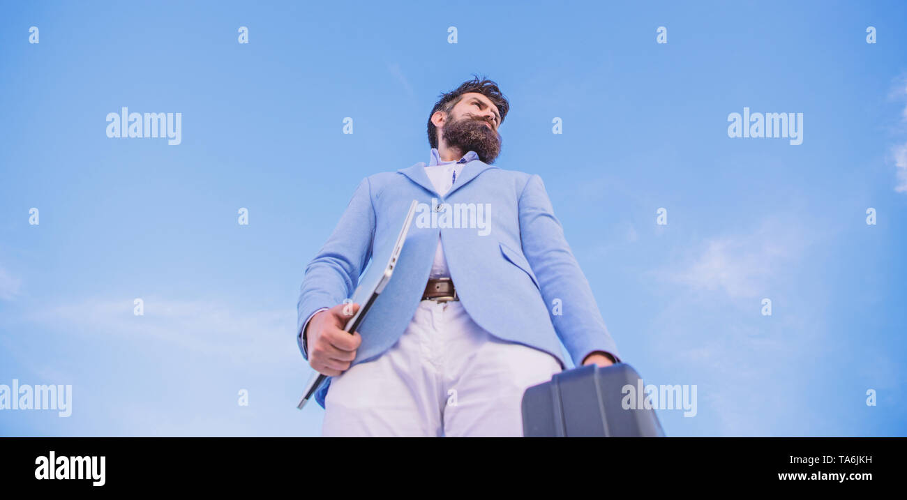 Businessman presenting business case. Business man formal suit carries ...