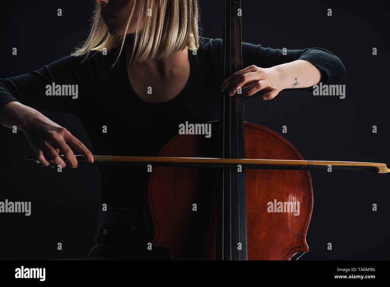 cropped view of young woman playing double bass in darkness isolated on ...