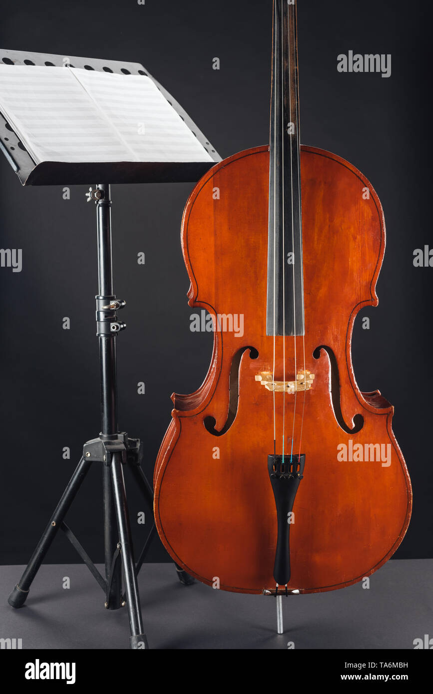 classic wooden double bass near opened music book on stand on black ...