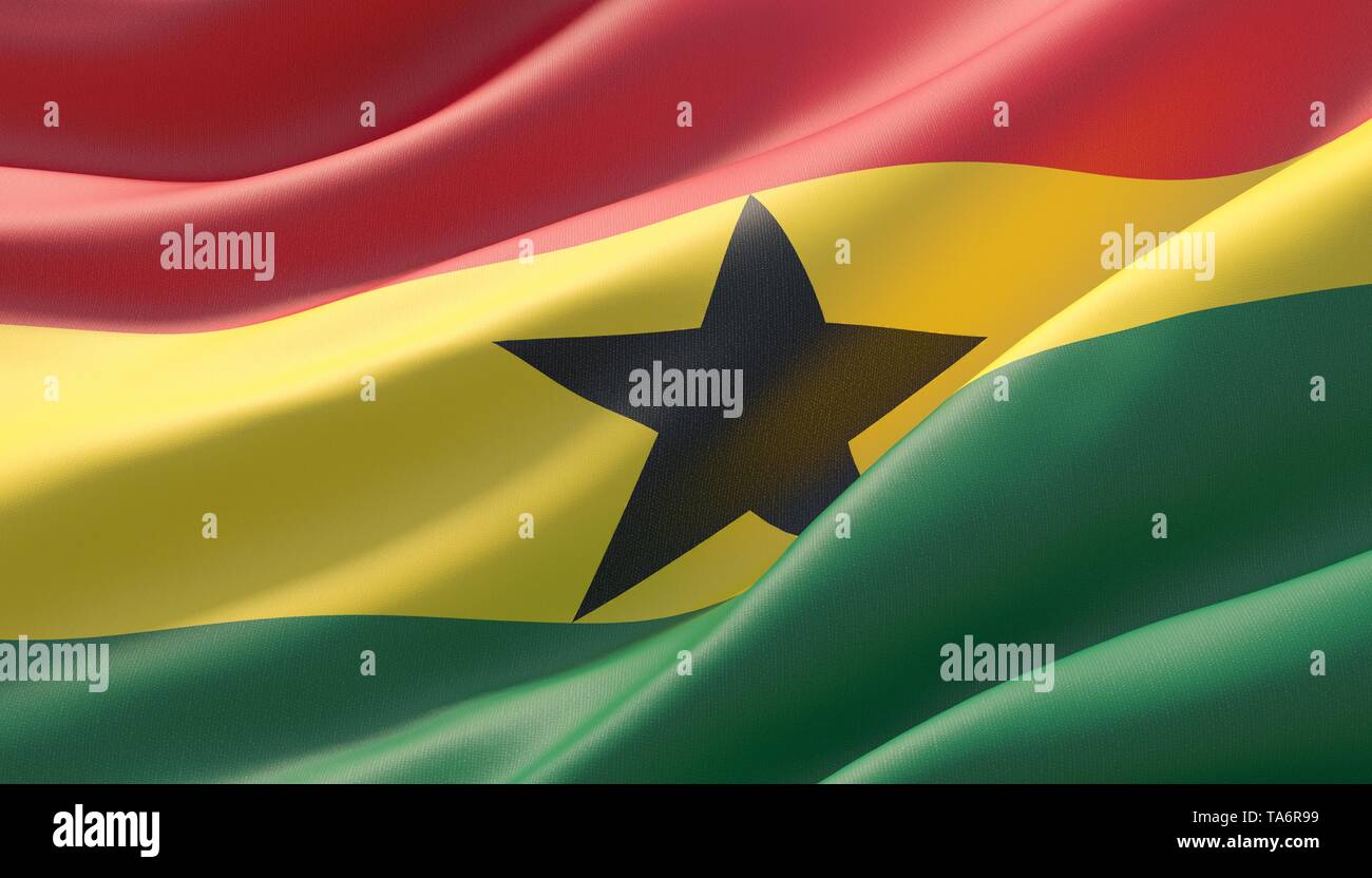Waved highly detailed close-up flag of Ghana. 3D illustration Stock ...