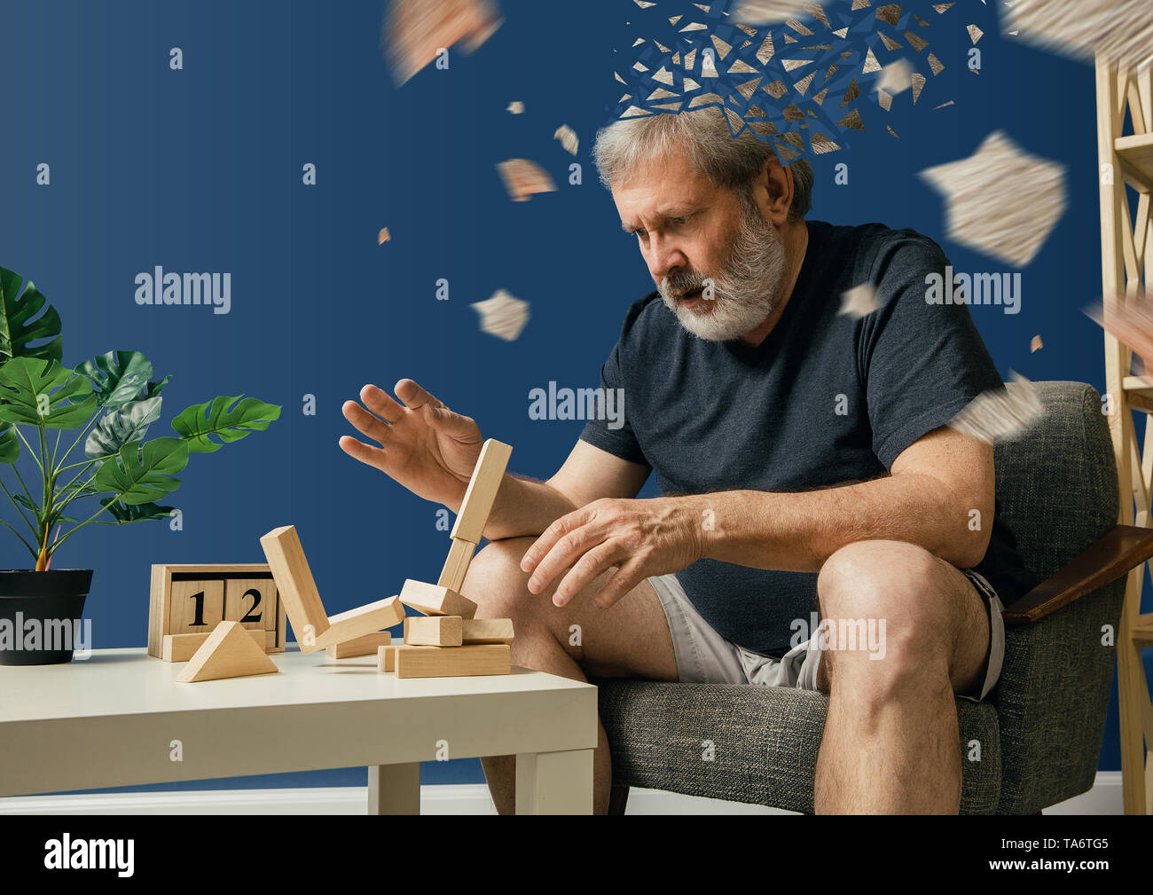 Drown image of losing of mind. Old bearded man with alzheimer desease ...