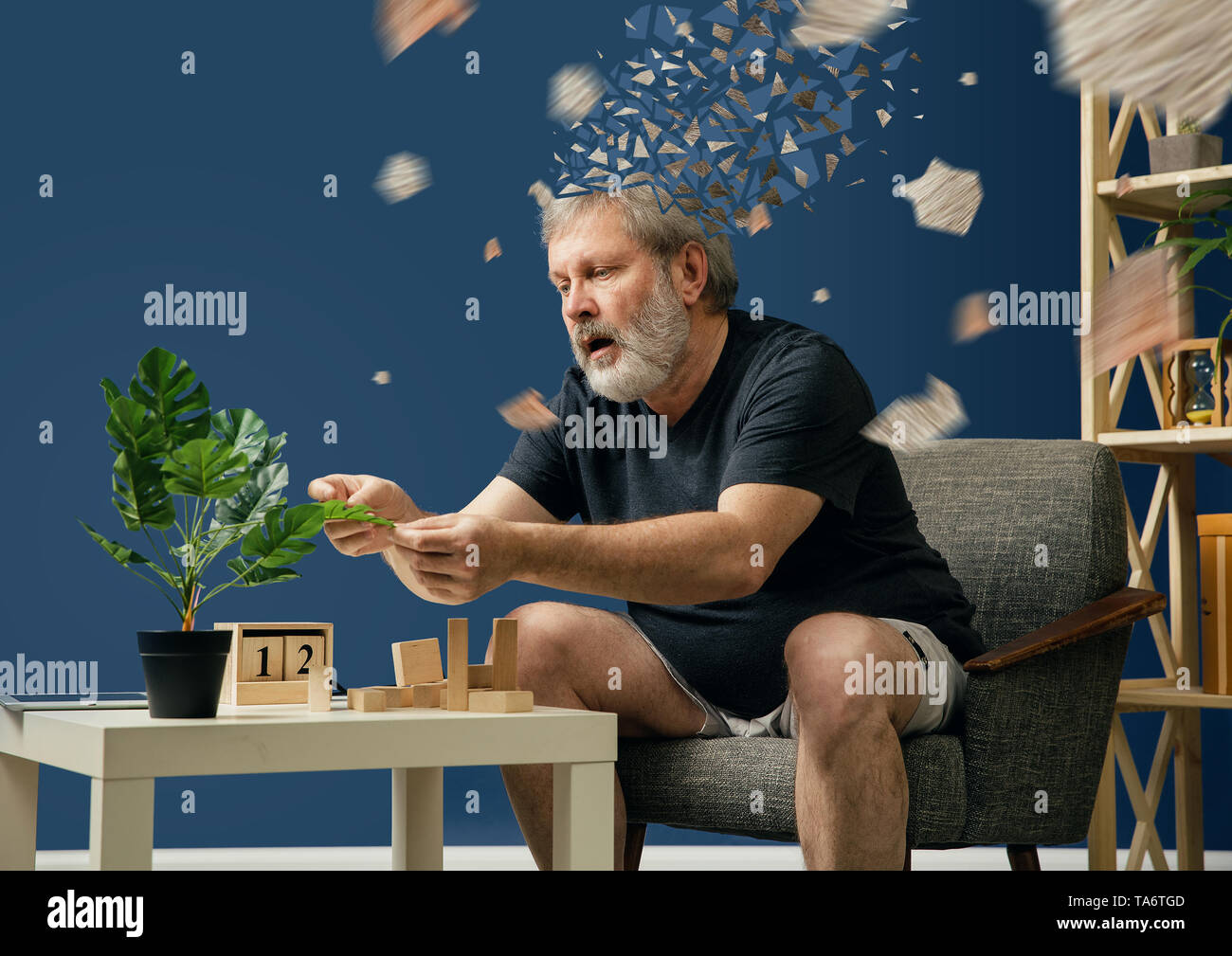Drown image of losing of mind. Old bearded man with alzheimer desease ...