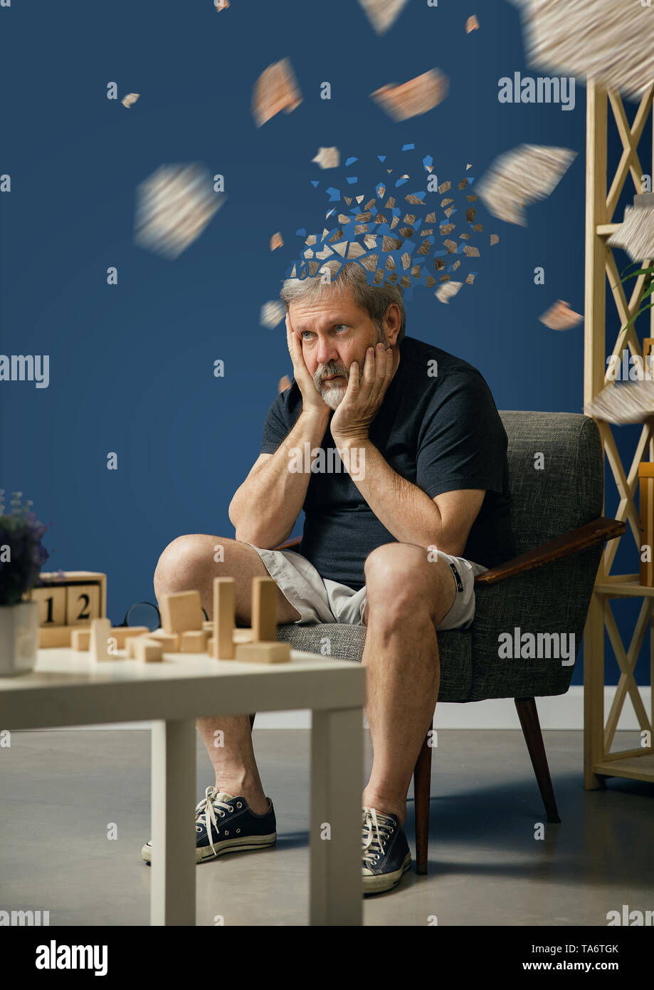 Drown image of losing of mind. Old bearded man with alzheimer desease ...